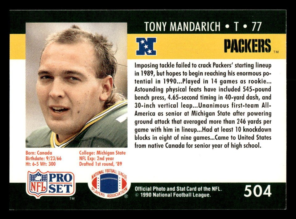 1990 Pro Set #504 Tony Mandarich Card Green Bay Packers | eBay