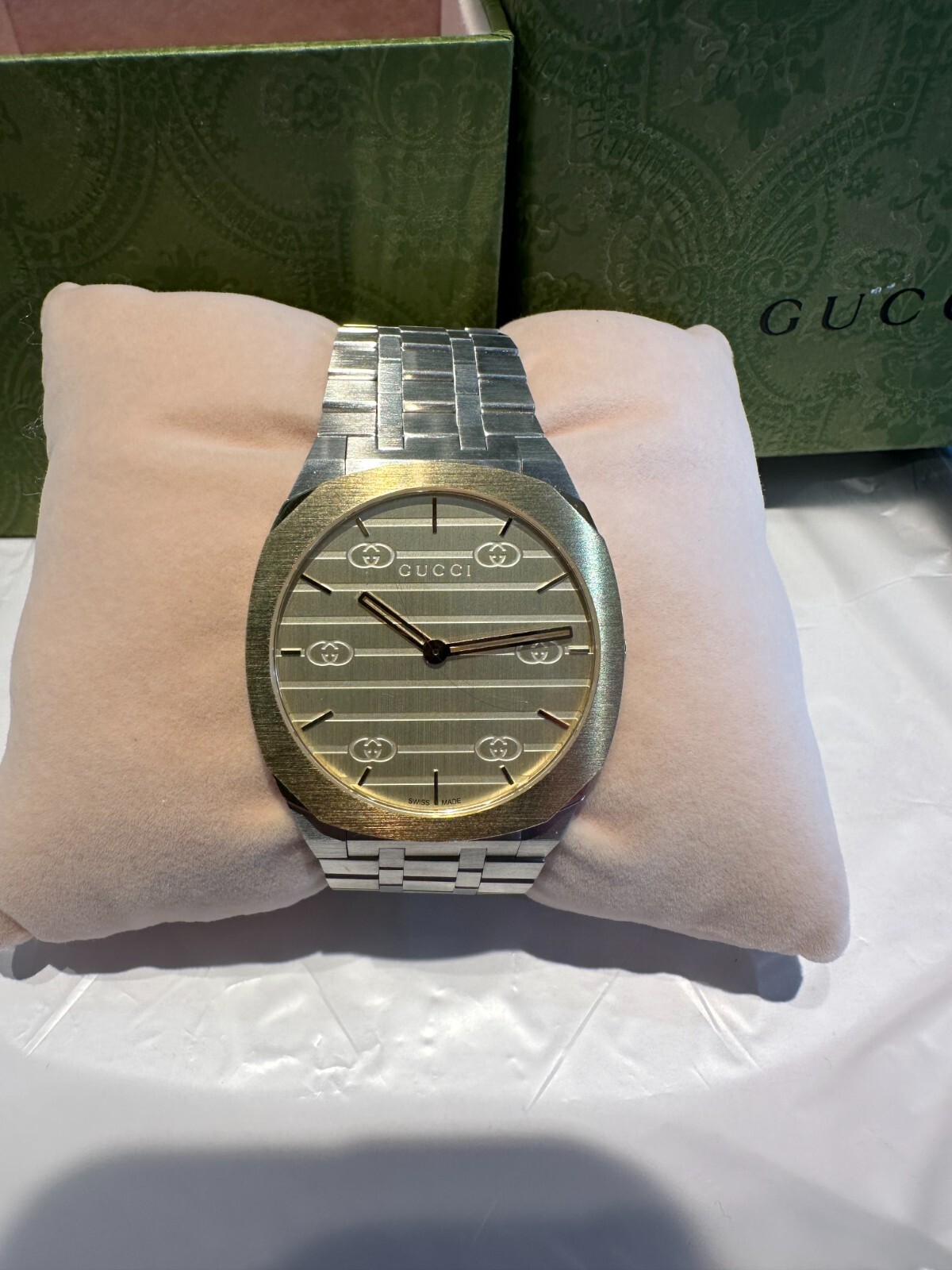 New Gucci 25H Thin Stainless Steel Bracelet 38mm Unisex Watch YA163405 ...