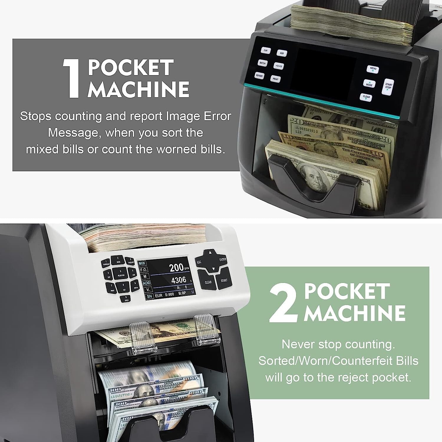 Cashtek S75, 2-Pockets 2-CIS Mixed Denomination Value Bill Counter ...