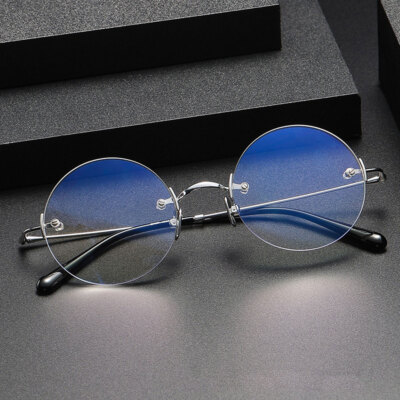 Men Rimless Retro Round Eyeglasses Women Vintage Pure Titanium Glasses ...