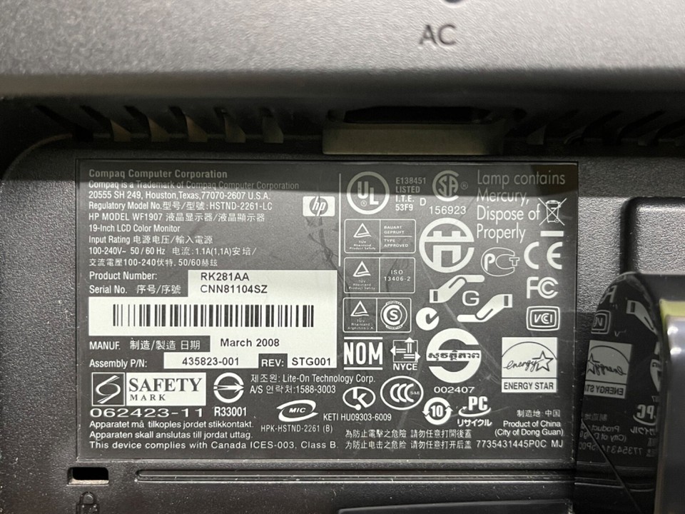 HP Compaq Presario wf1907 19" Widescreen LCD Monitor RK281AA - Tested ...