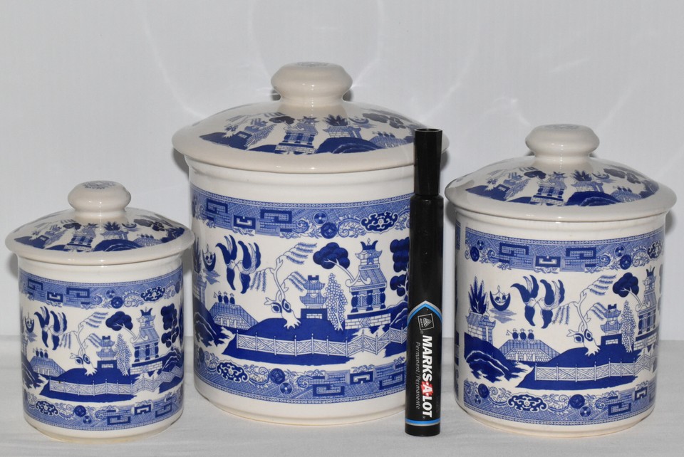 Vtg Blue Willow Transferware 3 Piece Canister Set Blue White Ceramic ...