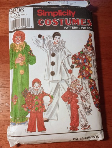 Simplicity 9806 Costume Uncut Sewing Pattern Clown Halloween Costume Sz AA Adult | eBay