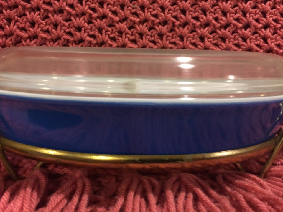 ️Pyrex Promotional BLUE ROYAL Serving Dish 1 1/2 Qt Gold Medallion Lid ...