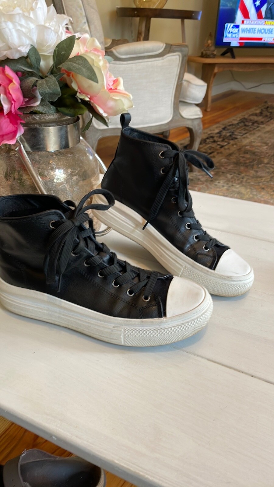 womans hightop platform look sneakers. Black faux lea… - Gem