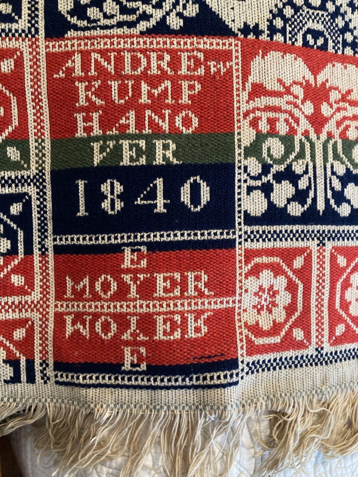 1840 dated Andrew Kump antique Jacquard design coverlet wool linen bed ...