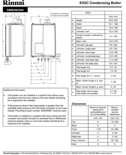 Rinnai E Series 50k BTU 95.6 Natural Gas Combi Condensing Boiler E50C ...