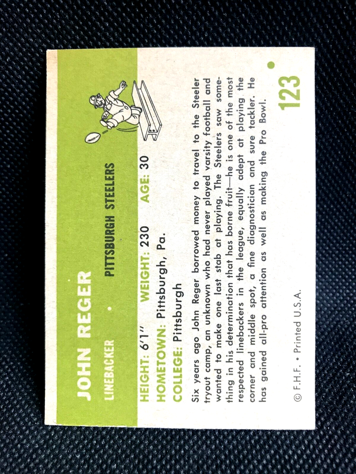 1961 FLEER "JOHN REGER" PITTSBURGH STEELERS #123 NM/NM+ COMBINED SHIP ...