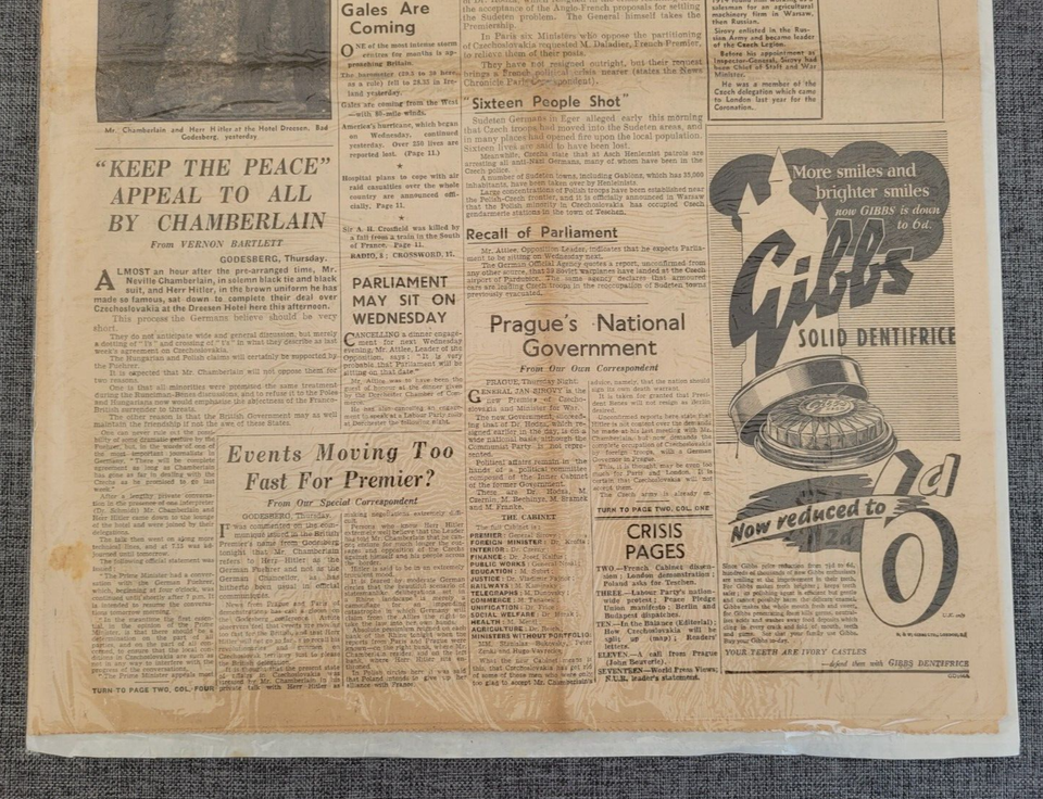 NEWS CHRONICLE WW2 PEACE IN OUR TIME NEVILLE CHAMBERLAIN 1938 ORIGINAL ...