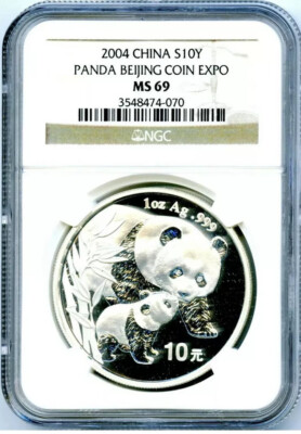 2004 1 OZ SILVER PANDA CHINA 10 YN NGC MS69 BEIJING COIN EXPO RARE ...