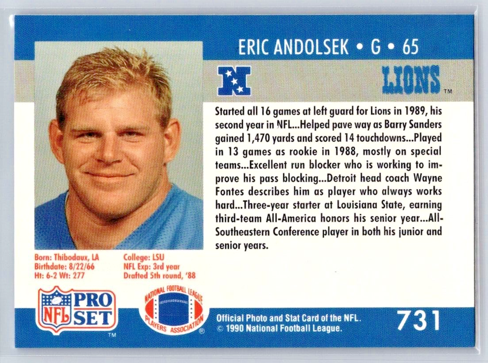 1990 Pro Set Series 2 Football - Eric Andolsek - Detroit Lions - RC ...