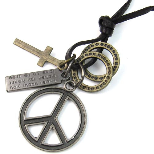 Mens Womens Peace Symbol Sign Cross Pendant Genuine Leather Choker ...