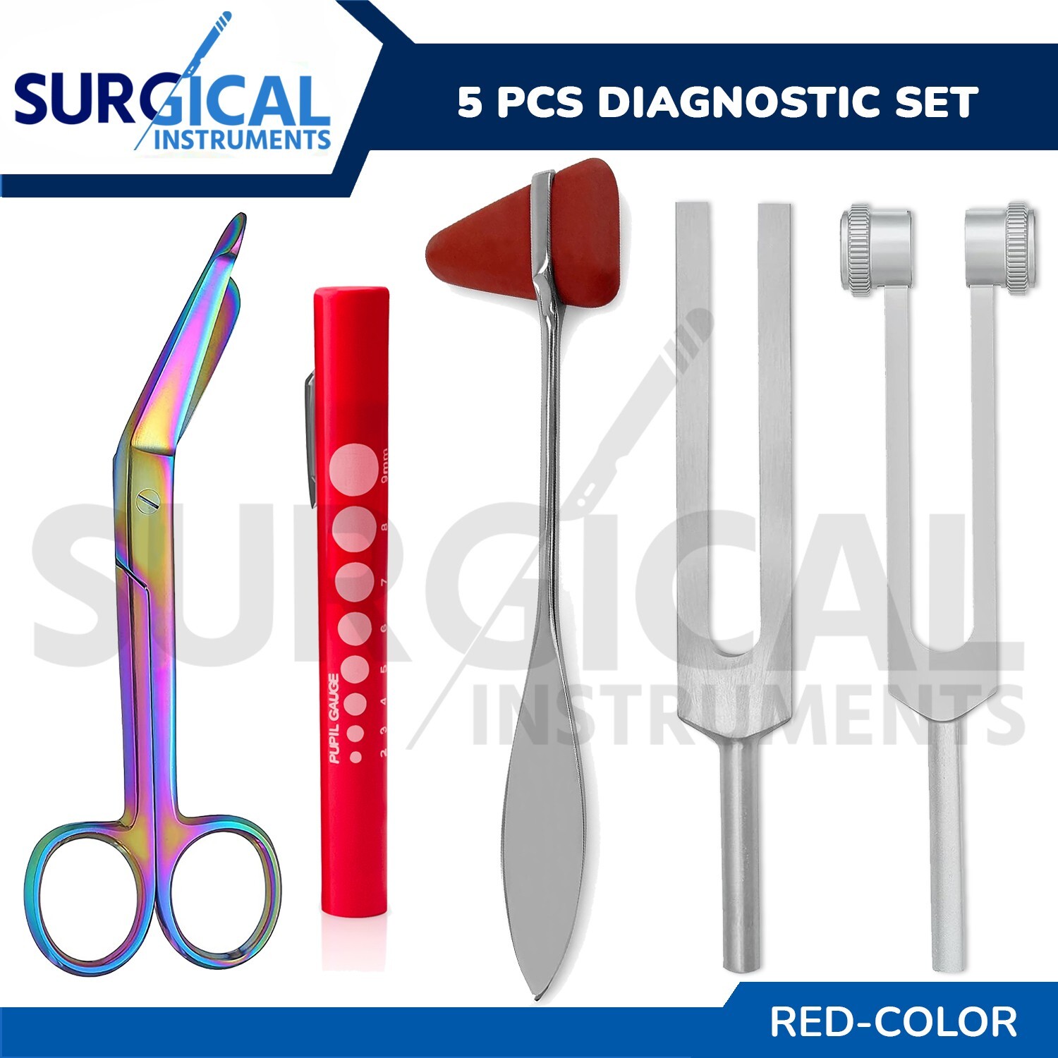 5 Red Reflex Hammer Penlight, Tuning Fork C128, C512 & Rainbow Scissor ...