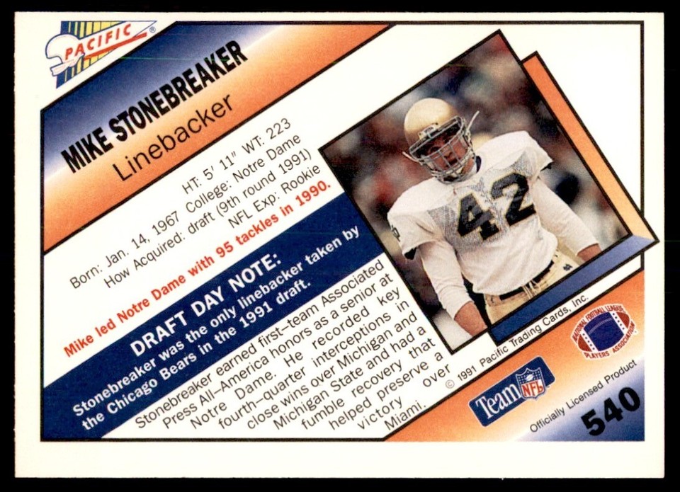 1991 Pacific Mike Stonebreaker Rookie Chicago Bears #540 | eBay