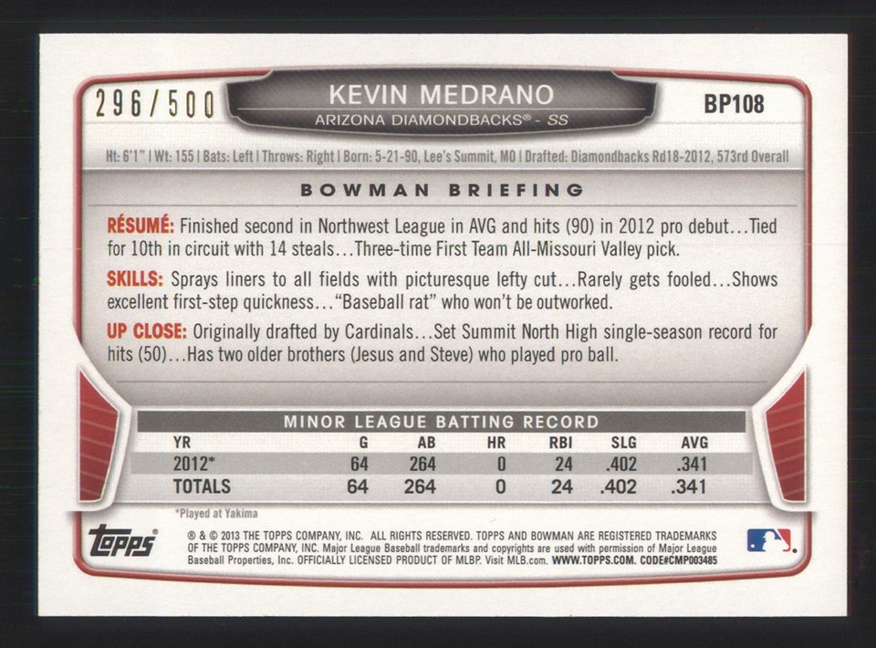 2013 Bowman #BP108 Kevin Medrano /500 Prospects Blue Arizona ...