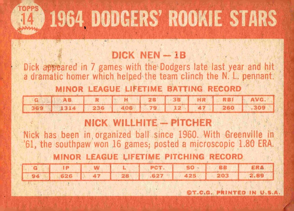 1964 Topps Dodgers 1964 Rookie Stars (Dick Nen / Nick Willhite) #14 | eBay