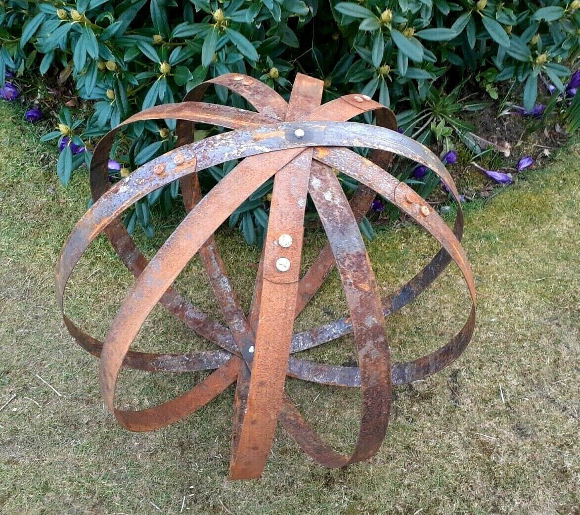 Garden Metal Sphere Sculpture Reclaimed Rusty Whisky Barrel hoop ring ...