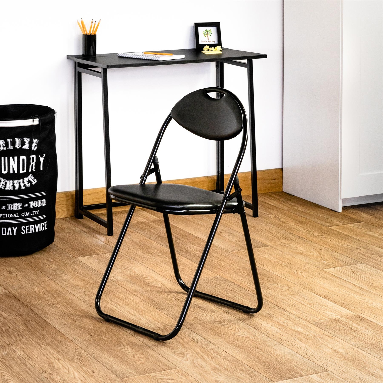 All Black Folding Wooden Desk & Chair Set Home Study PC Laptop Computer ...