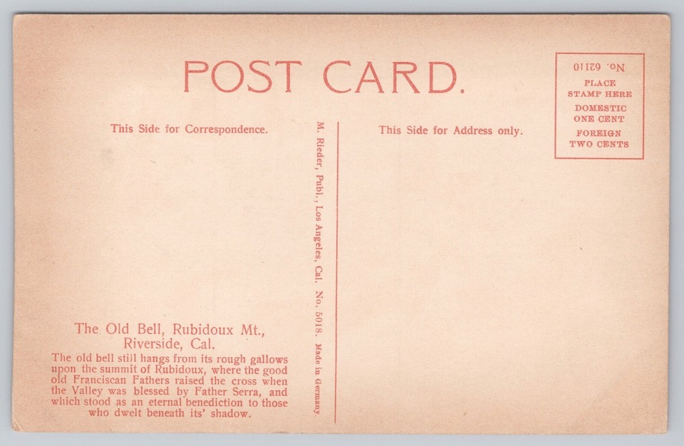 Old Bell Rubidoux Mountain Riverside California CA DB Postcard Vtg ...