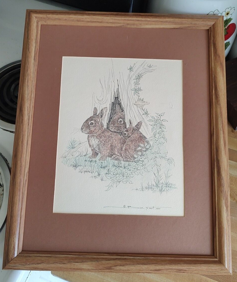 Vintage Bill Neat 1975 Original Pencil Drawing signed Framed Rabbits ...