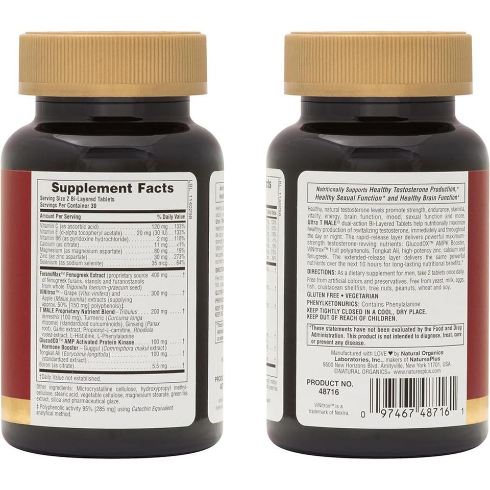 Nature's Plus Ultra T-Male 60 BI-Layered Tablets Maximum Strength Boost ...