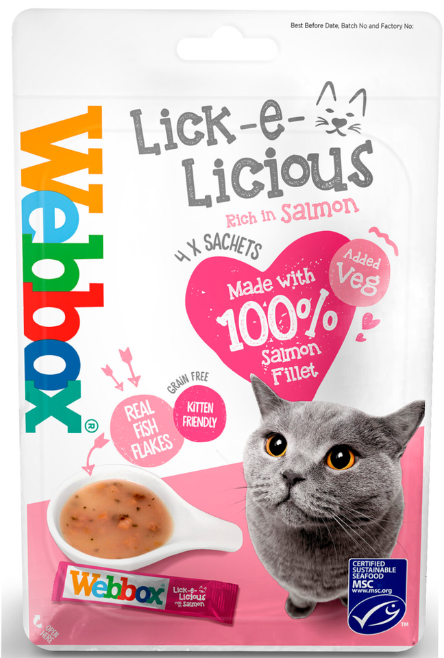 6X WEBBOX CAT KITTEN TREAT LICK E LICIOUS SALMON BROTH SNACK W/VEG 4X ...