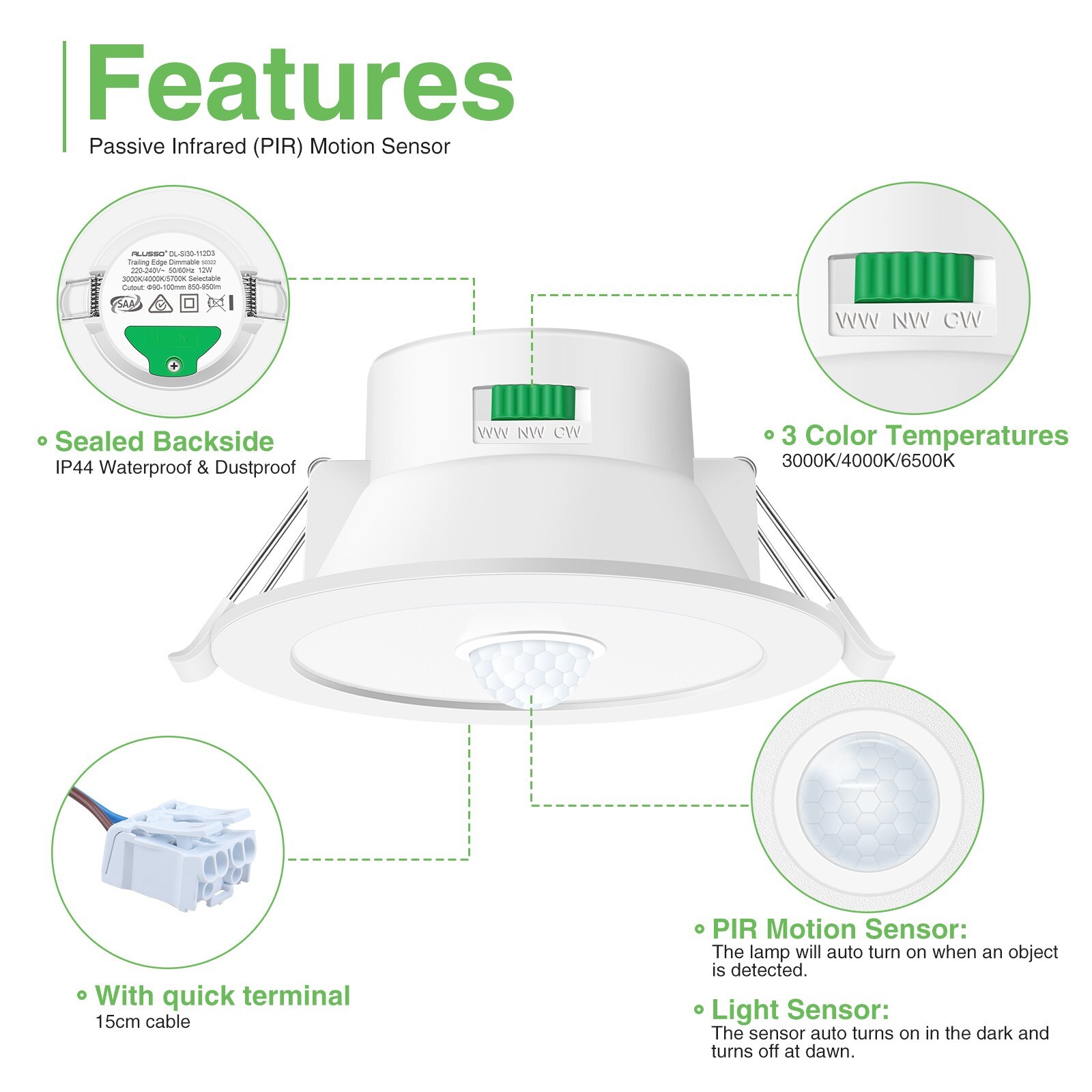 90mm Led Recessed Downlight PIR Motion Sensor Ceiling Lihgts 3CCT 12W ...