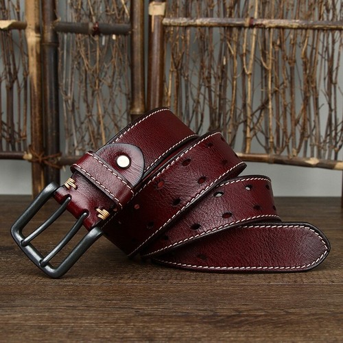Men Leather Belt with Double Prong Metal Buckle Waistband Retro Chic ...