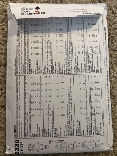 2010 simplicity Pattern 2330 Childs Alice in Wonderland Costumes Sz 3-8 ...