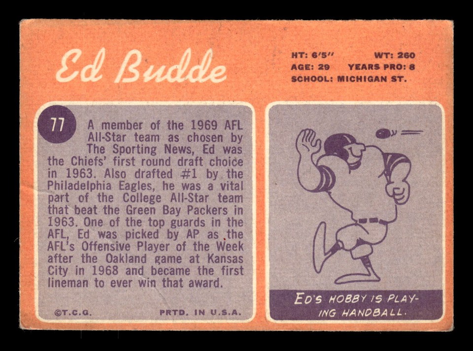 Ed Budde 1970 Topps #77 Kansas City Chiefs GD | eBay