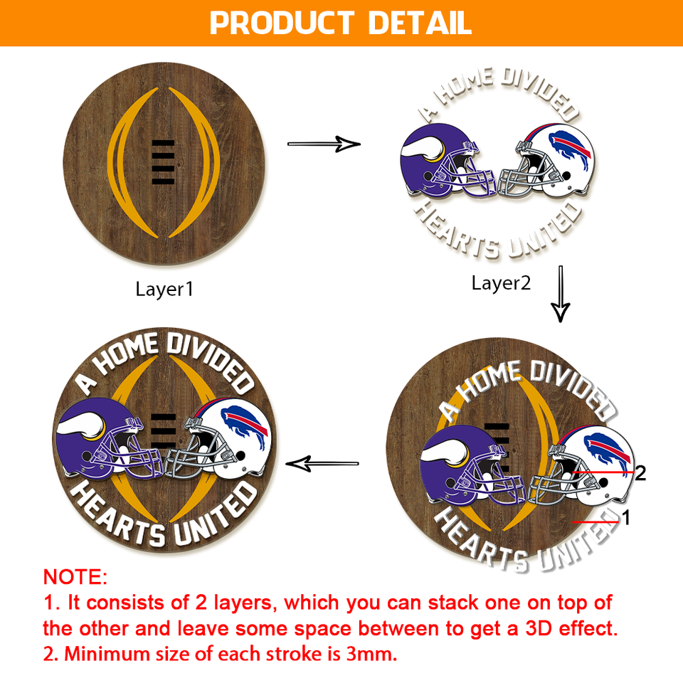 Custom Football Teams House Divided Hearts United 2 Layers Door Sign ...