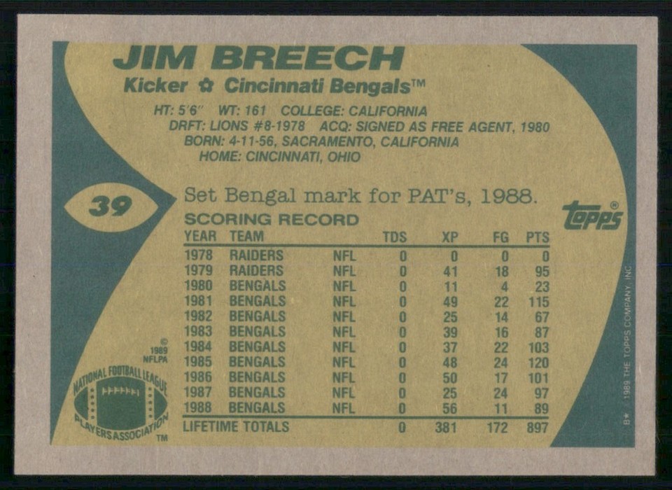 1989 Topps #39 Jim Breech Cincinnati Bengals Football Card 188407 | eBay