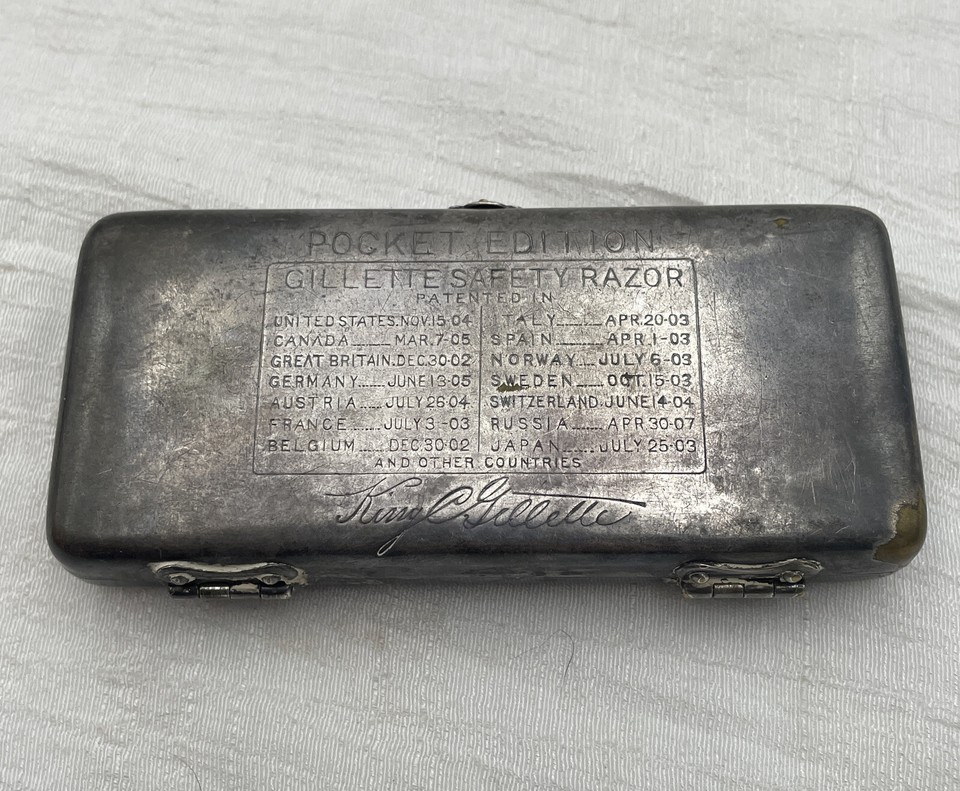 King Gillette Silver Plated Metal Safety Razor Box Pocket Edition Case ...
