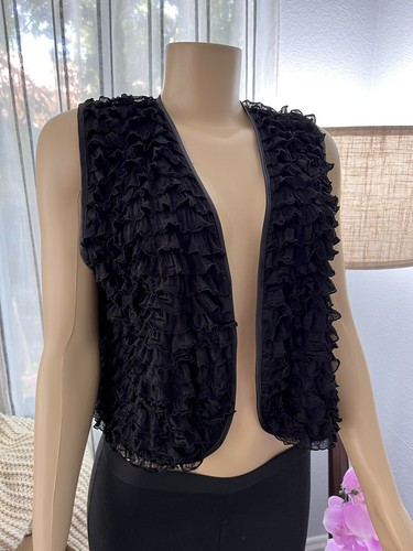 Vintage Black Ruffle Open Front Cardigan Vest Size S Small Retro ...