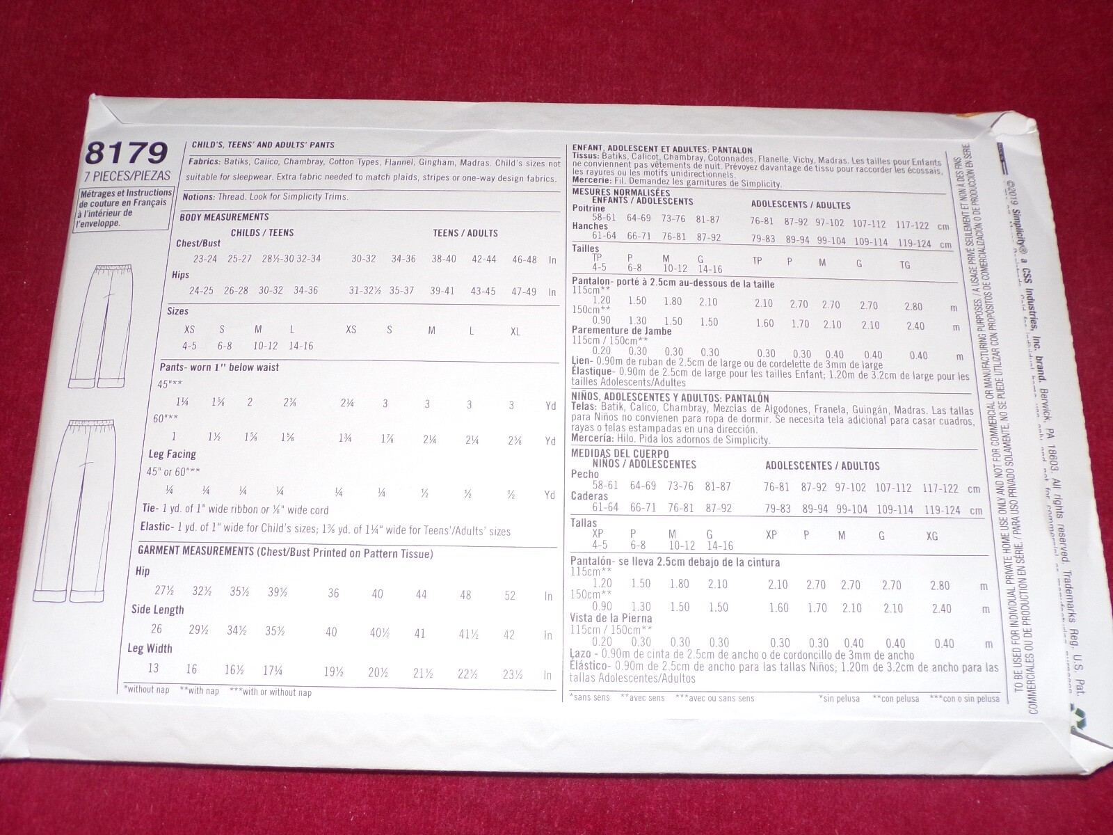 🌷 SIMPLICITY #8179 - ADULT - TEEN or CHILD PULL ON PAJAMA BOTTOMS PATTERN FF | eBay