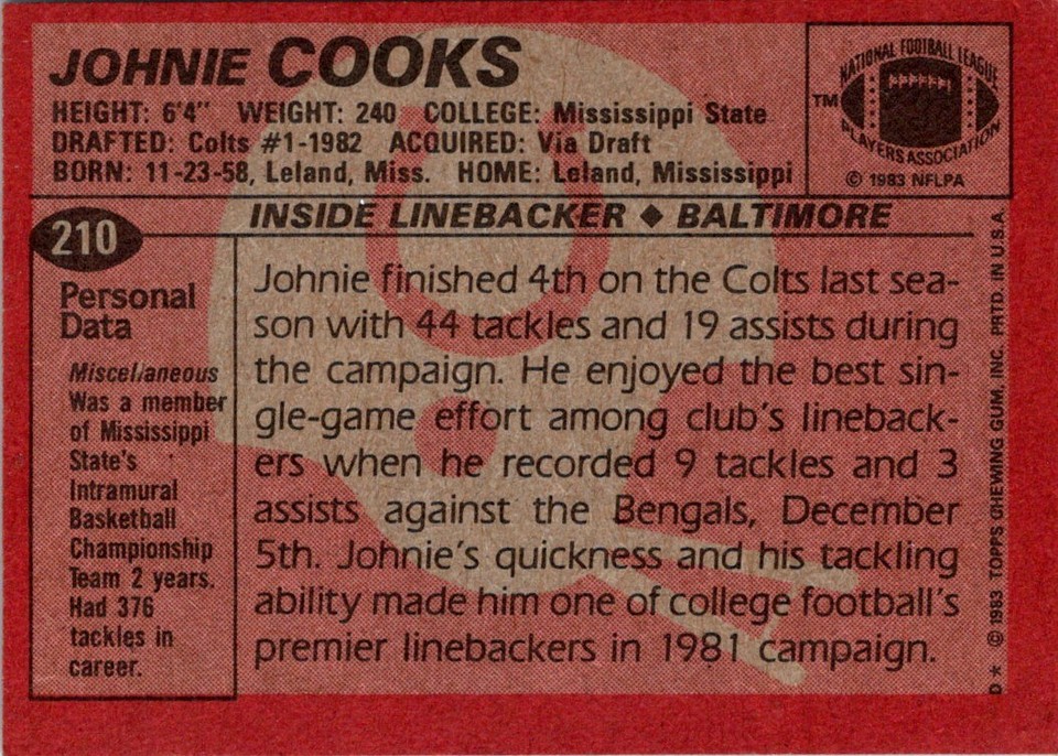 1983 Topps Johnie Cooks #210 Baltimore Colts Football Card | eBay