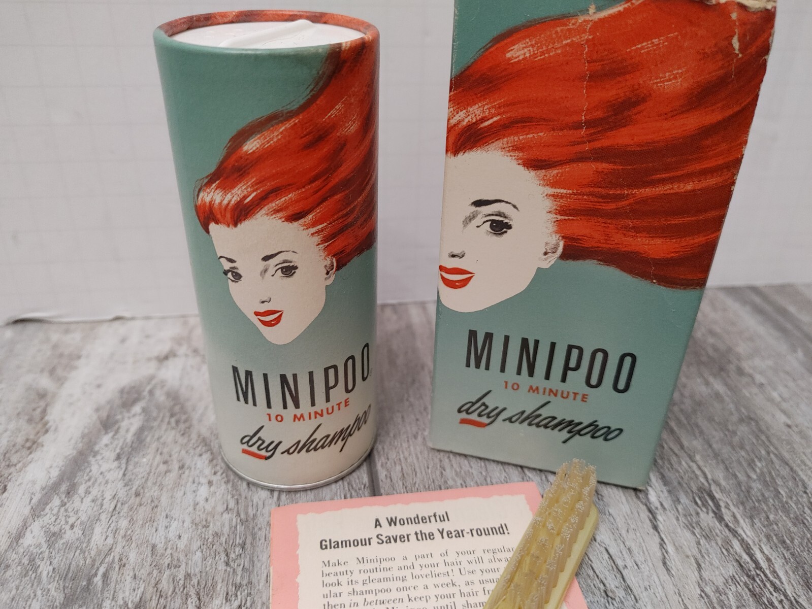 Vintage Minipoo dry shampoo shaker, box, brush instructions | eBay
