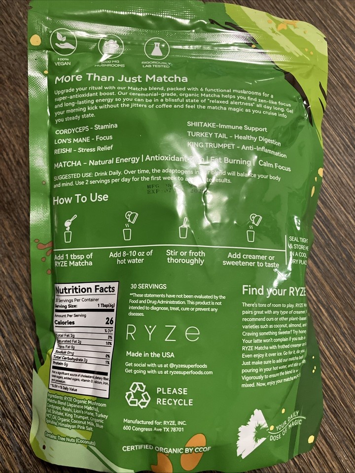 RYZE Mushroom Matcha Powder – Organic Energy & Focus Blend – 30 ...