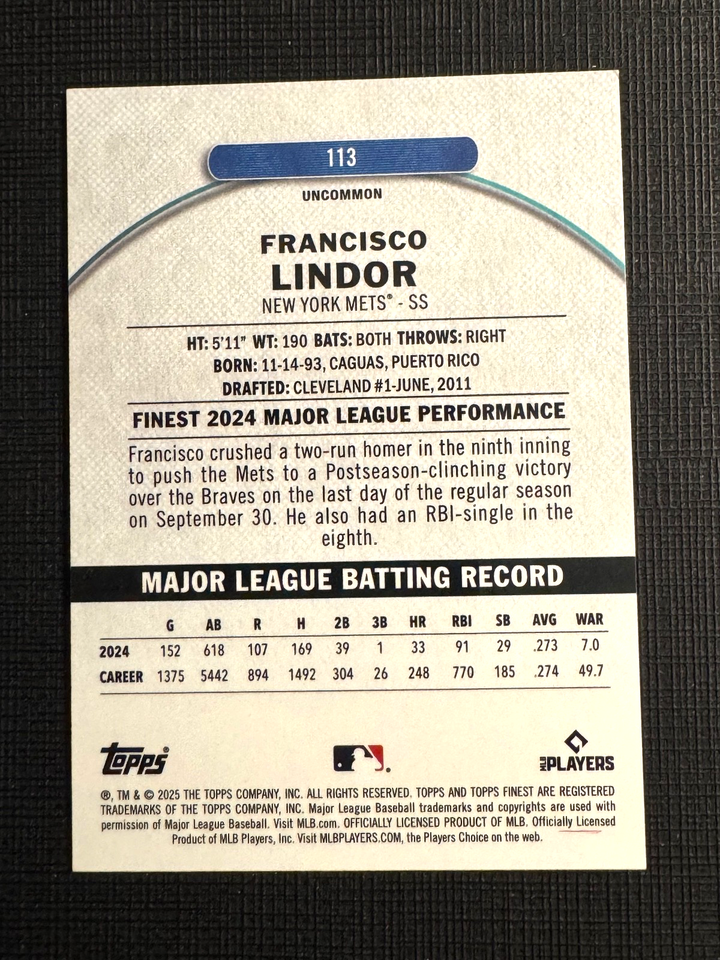 2025 Topps Finest Francisco Lindor Purple Refractor /200 #113 Mets NY ...