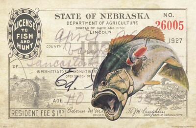 Vintage Nebraska Hunting Bass Fishing License Art Print 11x17 Cabin ...