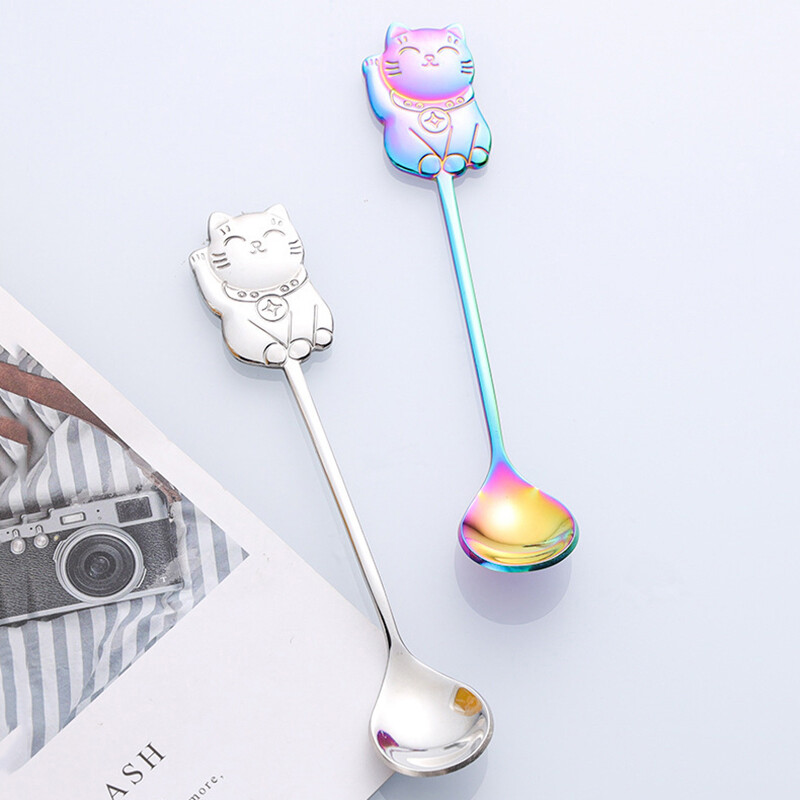 1pc Mixing Spoon Stainless Steel Teaspoon Cartoon Lucky Cat Coffee ...