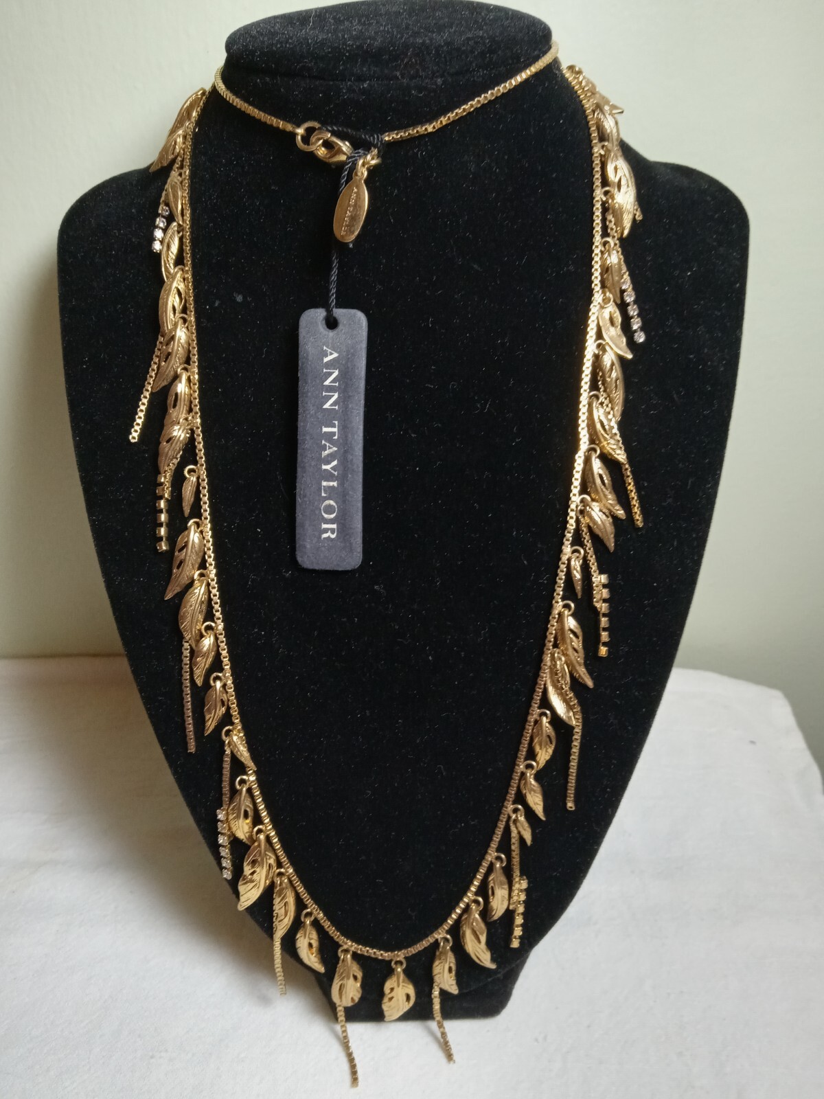 Vintage 31" ANN TAYLOR Gold Tone Box Chain Leaf Charms Rhinestone Chain ...