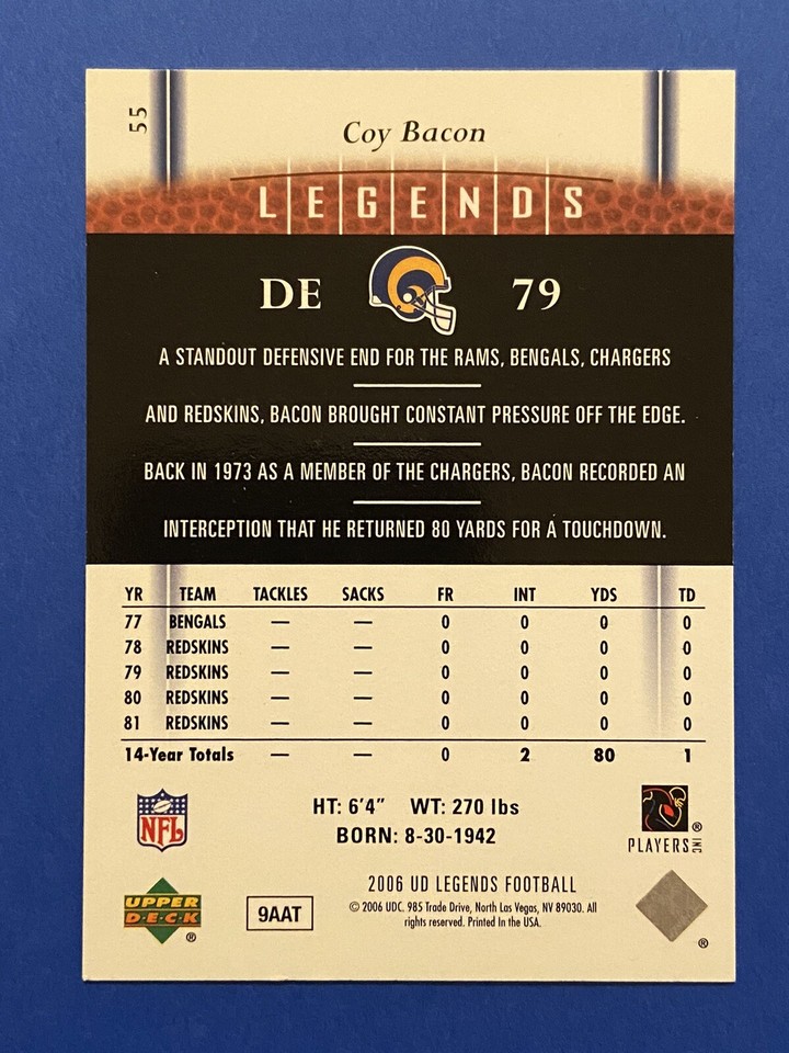 COY BACON (Dec) Signed 2006 UD Legends Rams Jackson State Tigers ...