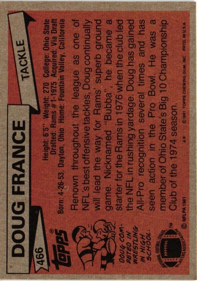 DOUG FRANCE 1981 Topps FB #466 BUY ANY 2 ITEMS FOR 50% OFF B1007R4S4P22 ...
