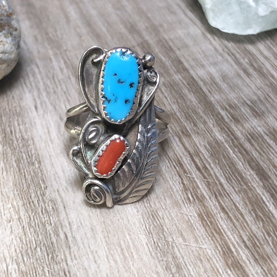 Turquoise & Coral Sterling Squash Blossom Ring 8 | eBay