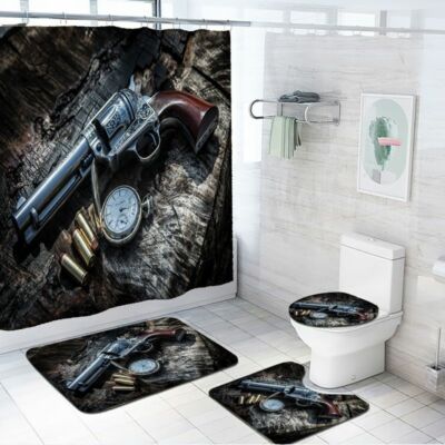 Revolver Gun Bullet Shower Curtain Set Bathroom Mat Non-Slip Toilet Lid ...