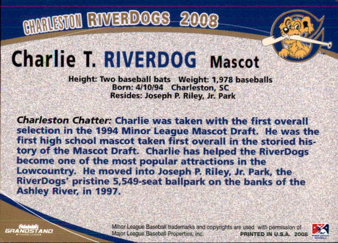 2008 Charleston Riverdogs Grandstand #33 Charlie T. Riverdog MASCOT ...
