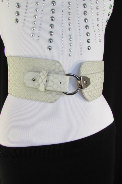Women Black White Beige Elastic Fashion Belt Snake Skin Wide Faux ...