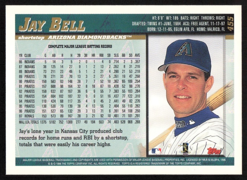 1998 Topps Baseball Jay Bell #455 Arizona Diamondbacks | eBay