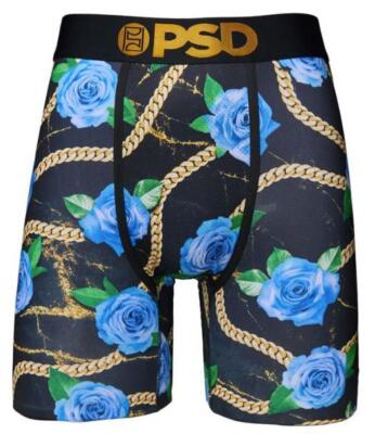 PSD Gold Chained Garden Blue Roses Mesh Front Back Long 7" Inseam ...